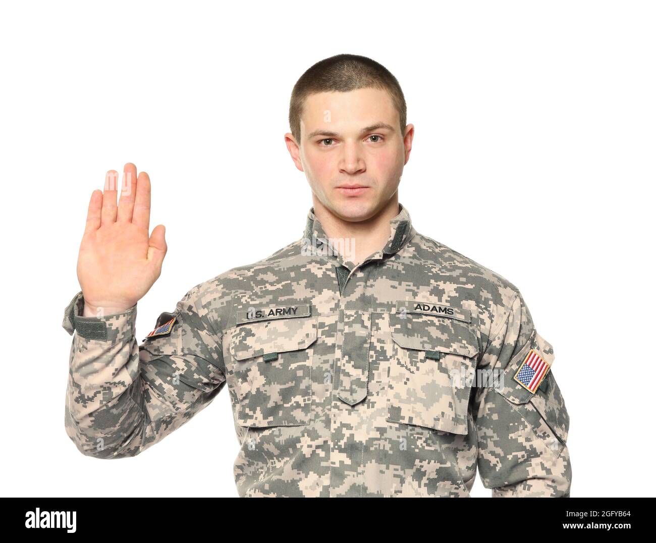 Soldier giving oath on white background Stock Photo - Alamy