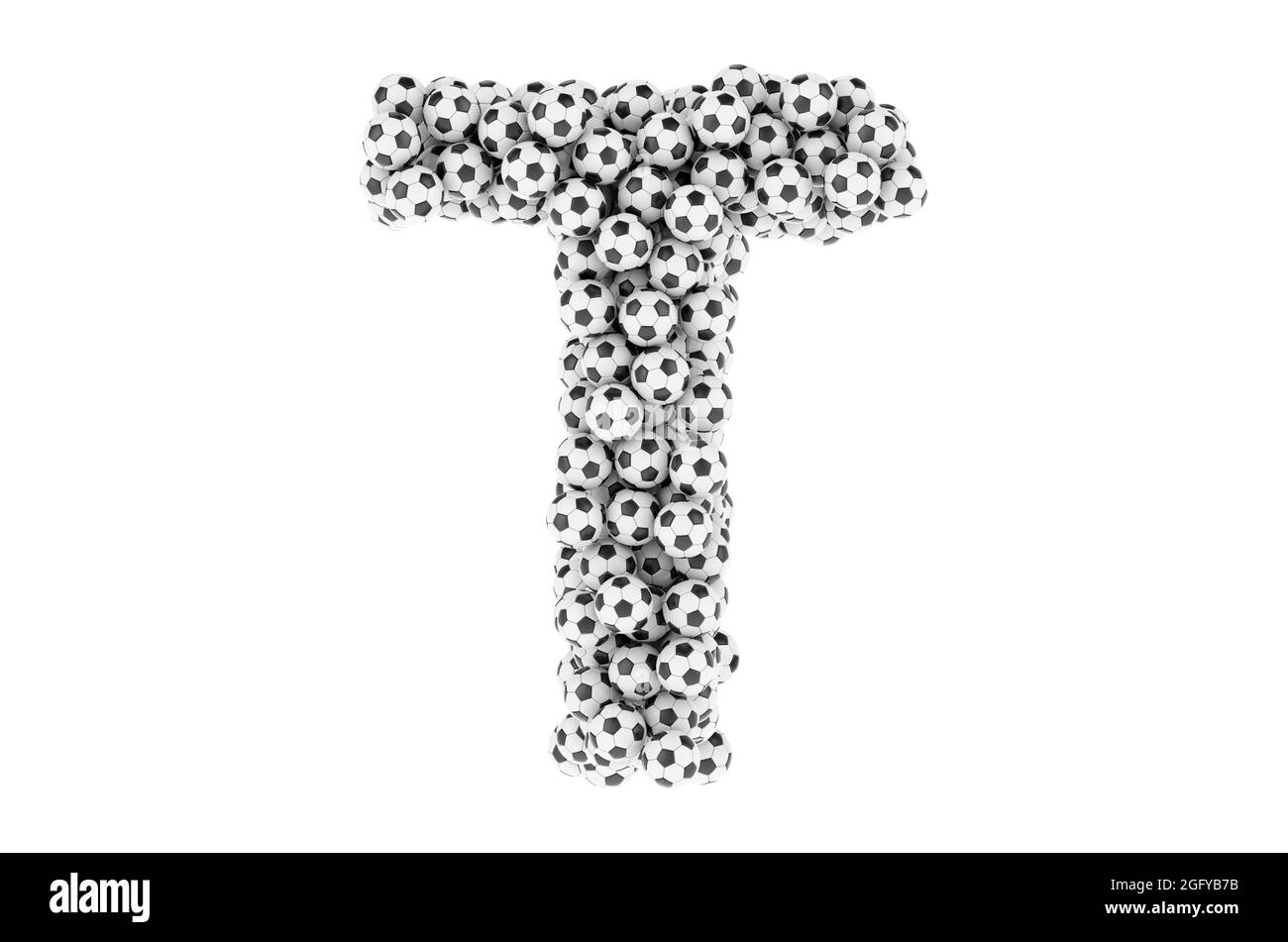 Letter T from soccer balls or football balls, 3D rendering isolated on ...