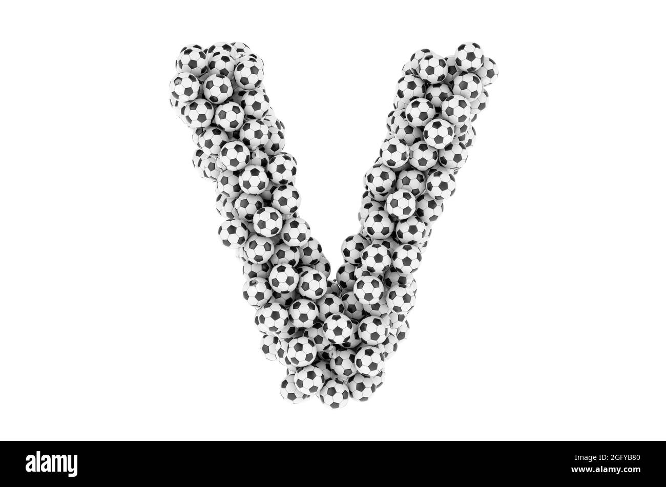 Letter V from soccer balls or football balls, 3D rendering isolated on ...