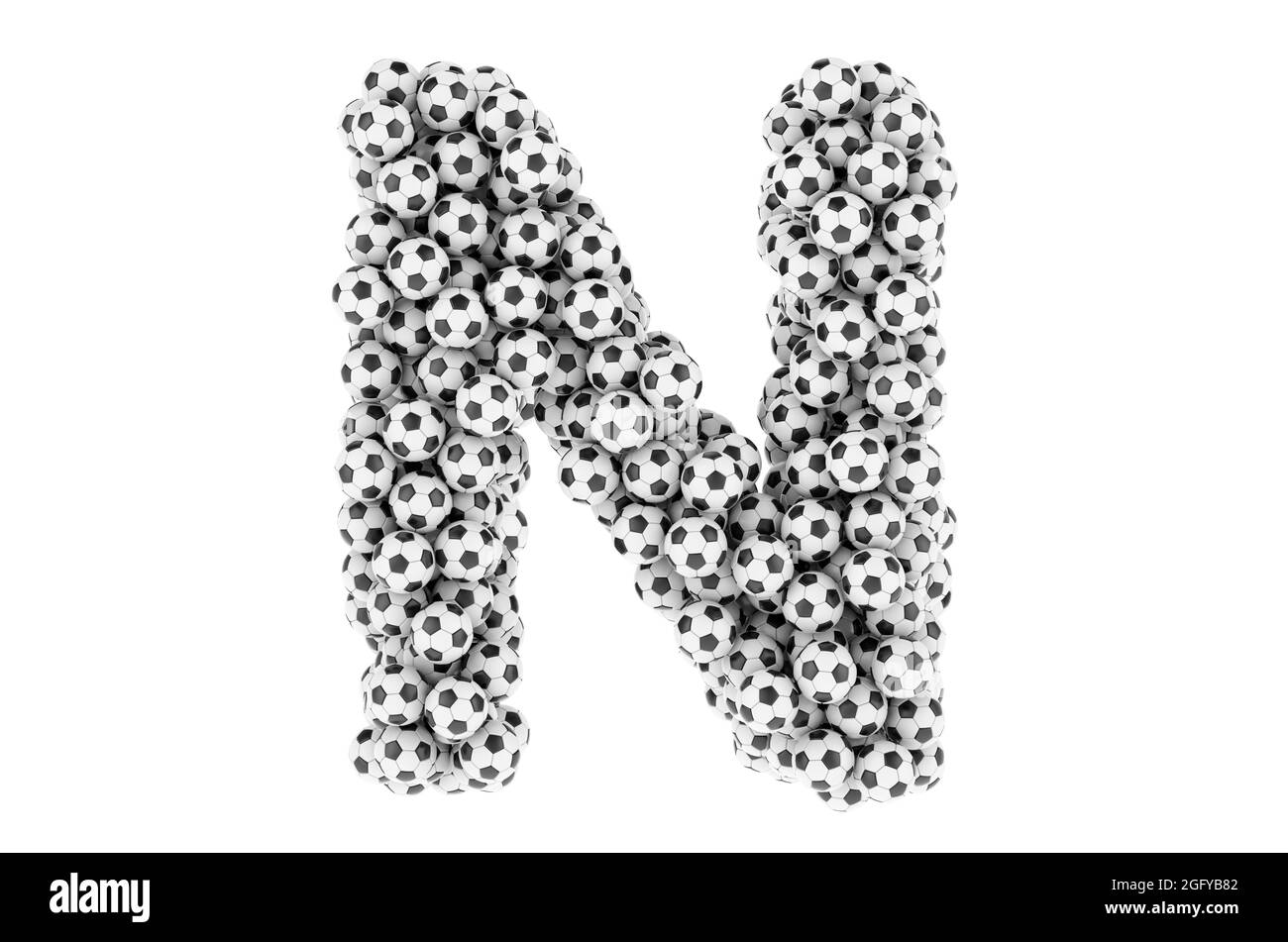 Letter N from soccer balls or football balls, 3D rendering isolated on ...
