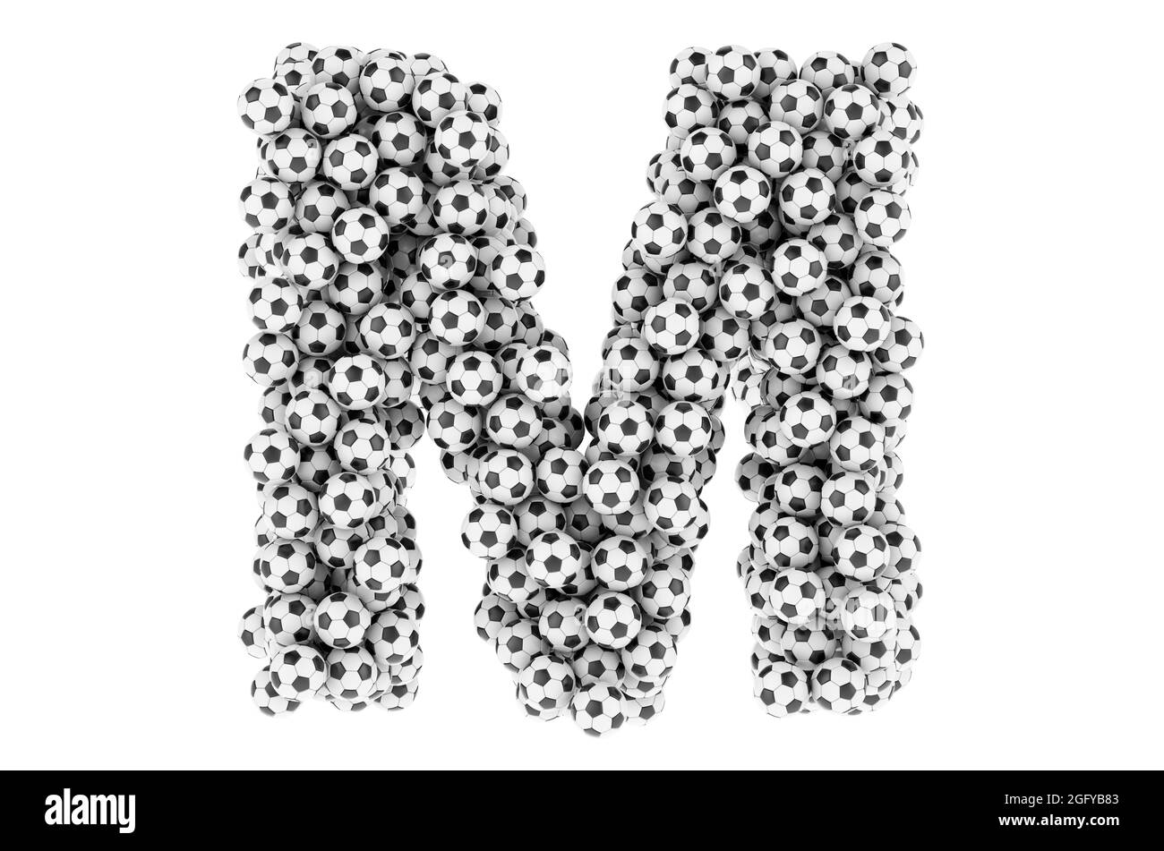 Letter M from soccer balls or football balls, 3D rendering isolated on ...