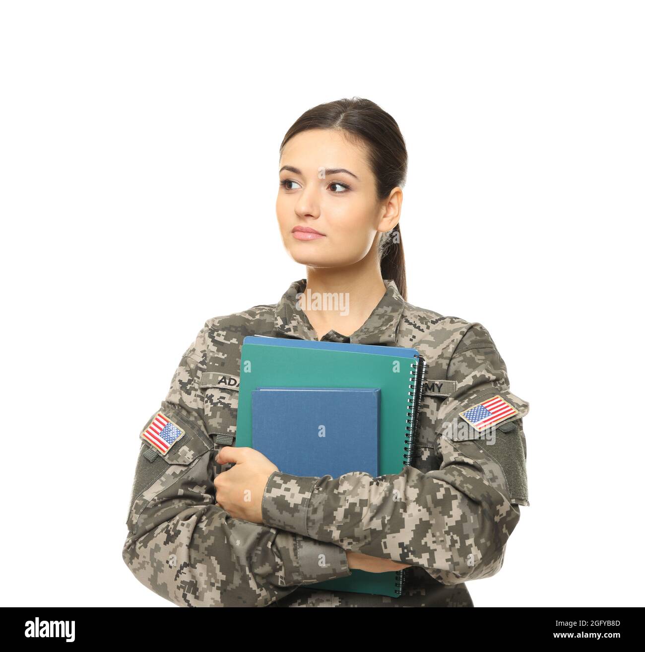 Pretty female cadet of military school on white background Stock Photo ...