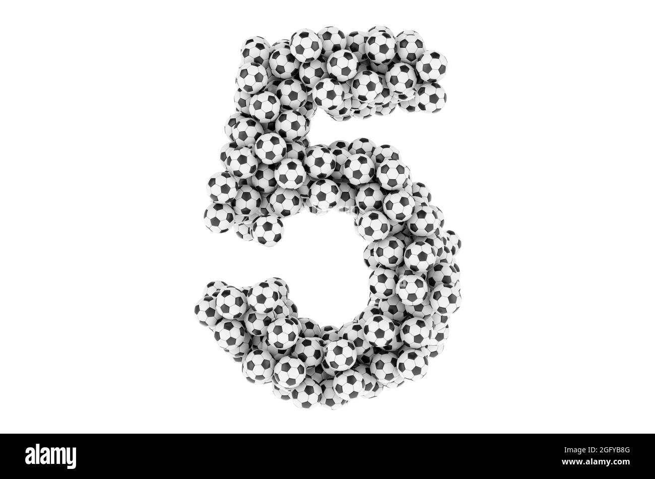 Number 5 from soccer balls or football balls, 3D rendering isolated on ...