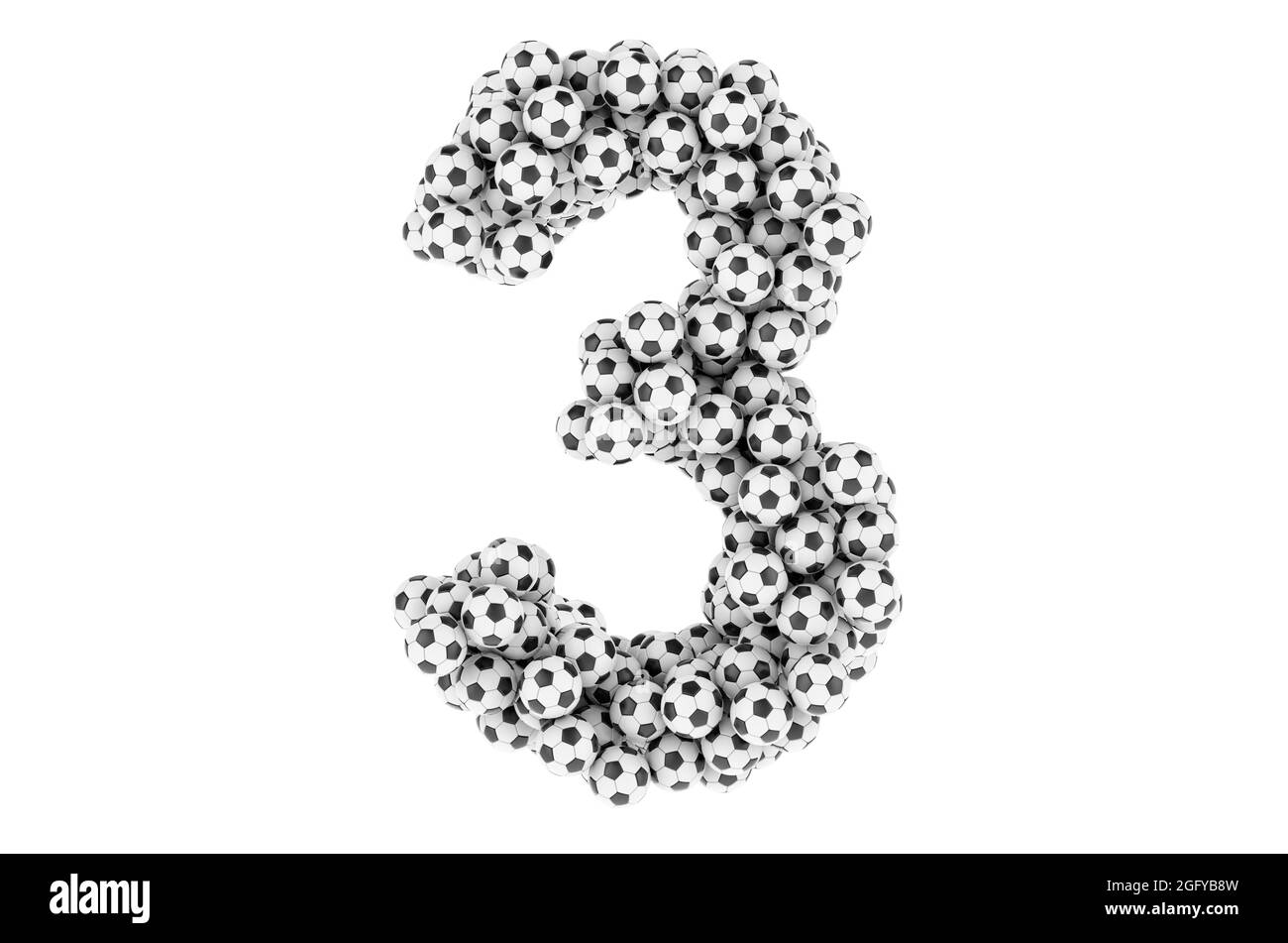 Number 3 from soccer balls or football balls, 3D rendering isolated on ...