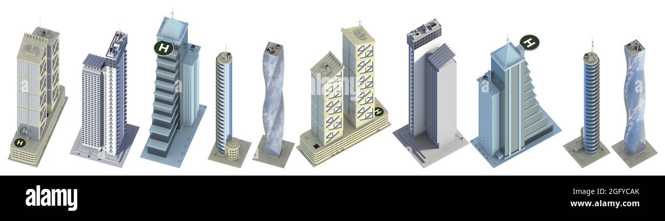 Set of detailed abstract tall buildings with fictional design and blue ...
