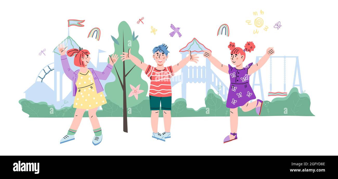 Happy cheerful smiling kids on summer playground, cartoon flat vector ...