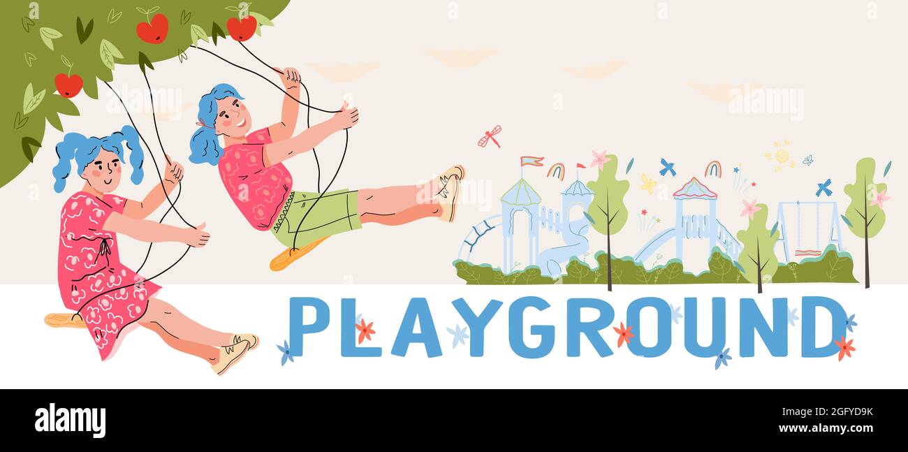 Children playground banner or flyer template with little girls swinging ...