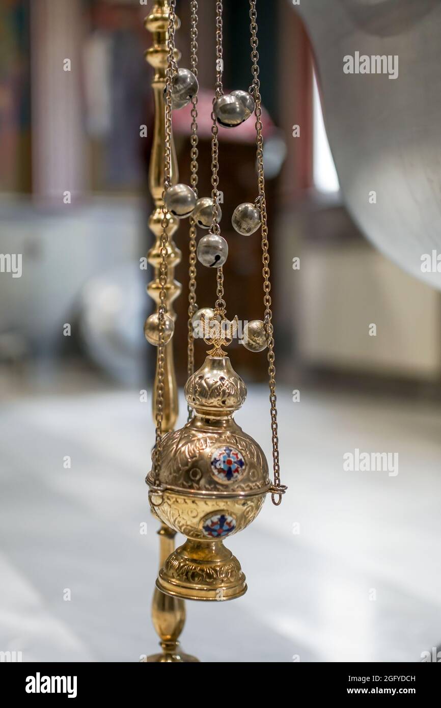Hanging icon lamp in orthodox church. Orthodox icon lamp. Church ...