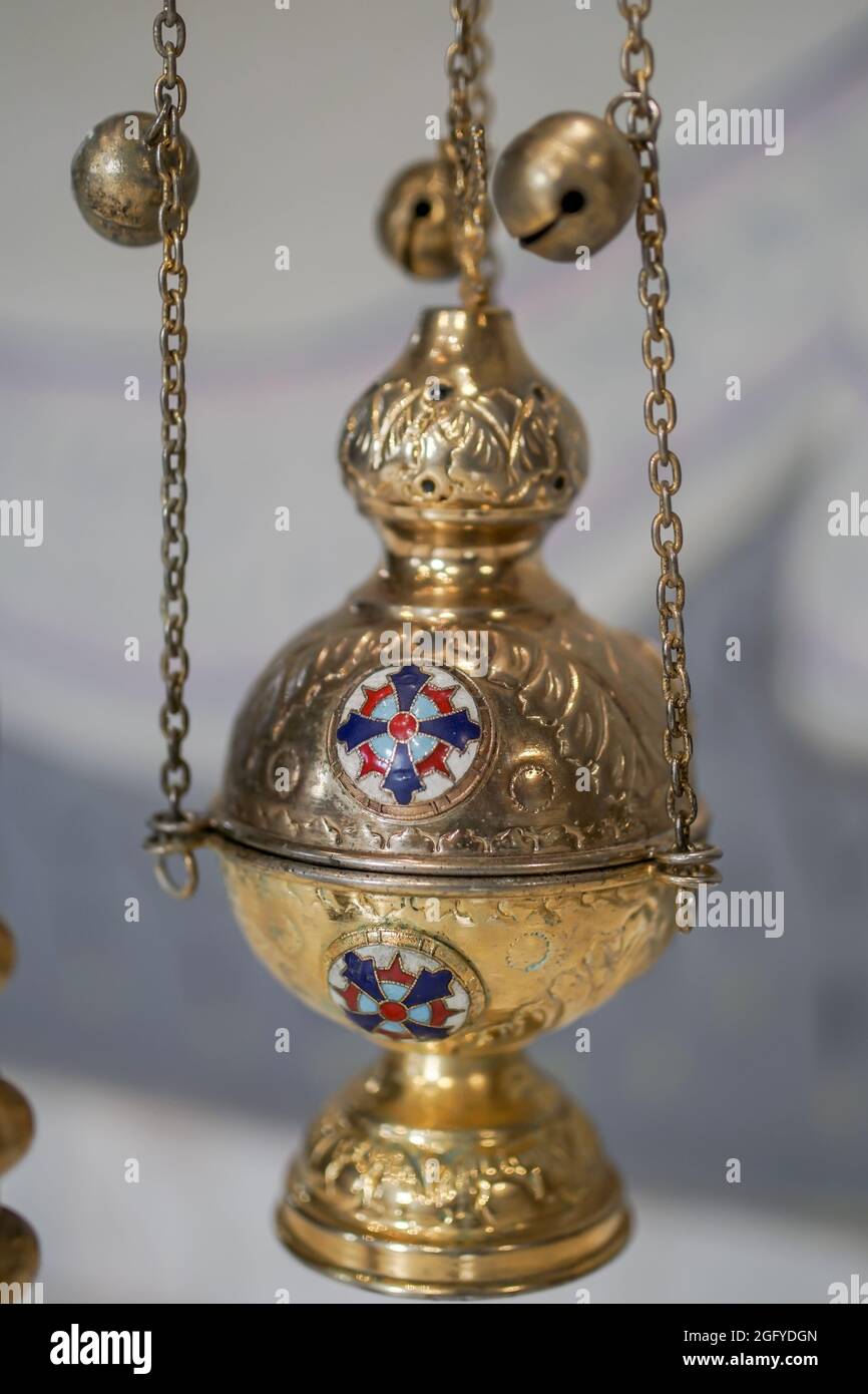 Hanging icon lamp in orthodox church. Orthodox icon lamp. Church ...