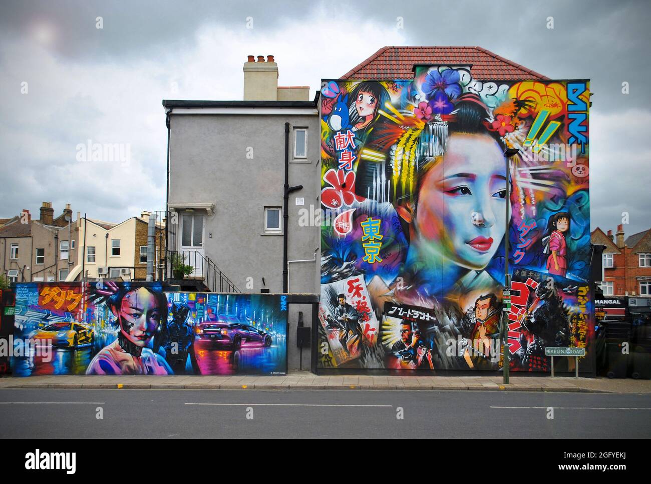 Large scale, Japanese themed mural by UK artist Dan Kitchener in Penge ...