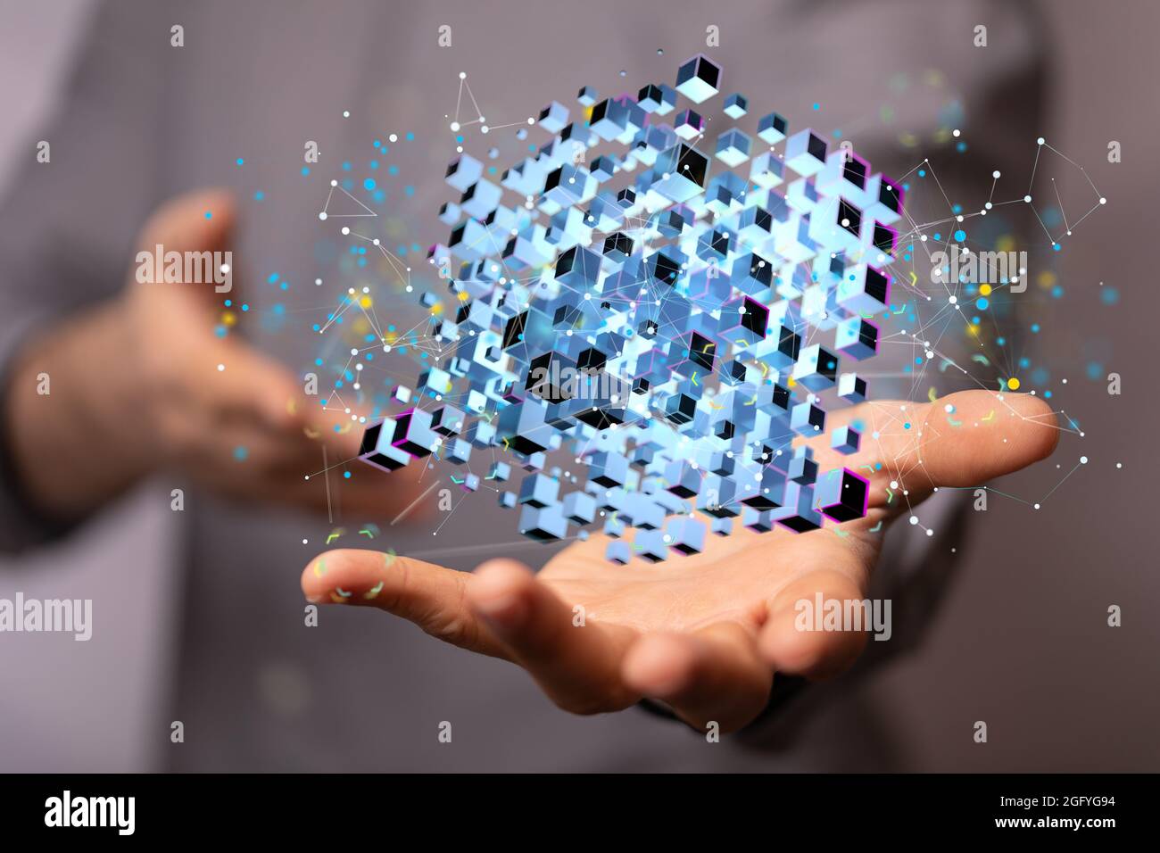 3D rendered connected data held in a person's hand Stock Photo - Alamy