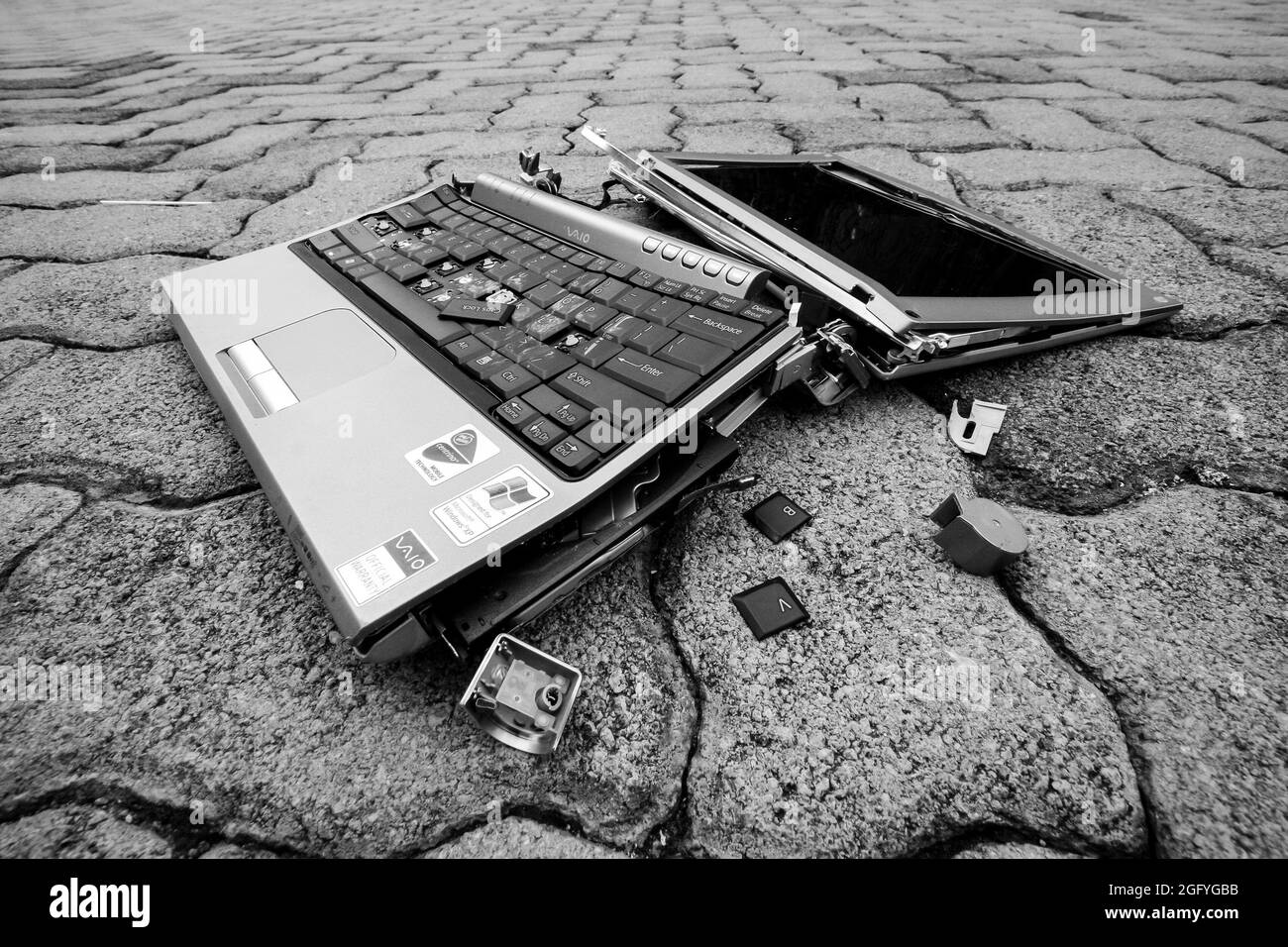 JOHANNESBURG, SOUTH AFRICA - Aug 09, 2021: A grayscale shot of a broken ...