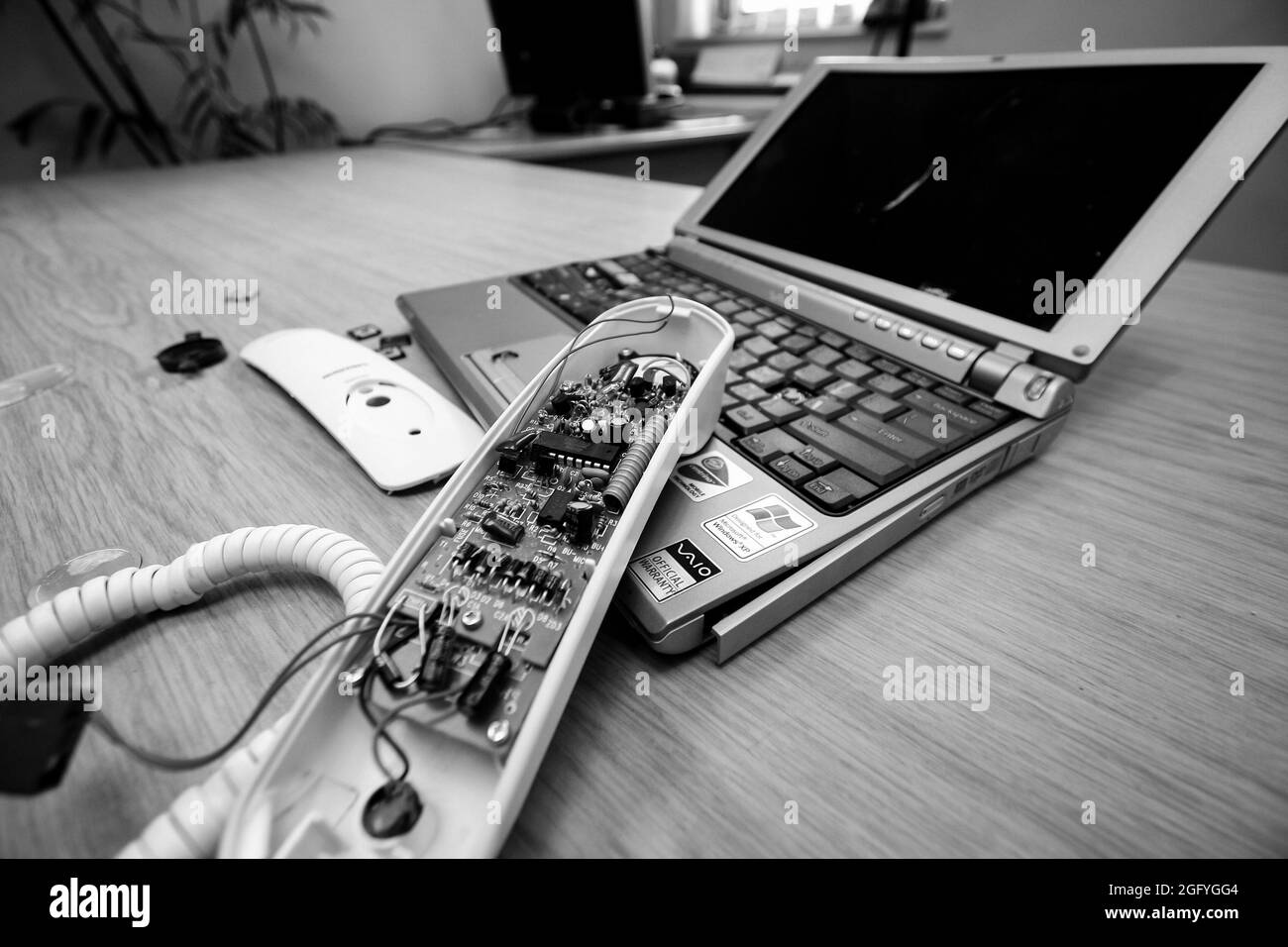 JOHANNESBURG, SOUTH AFRICA - Aug 09, 2021: A grayscale shot of a broken ...