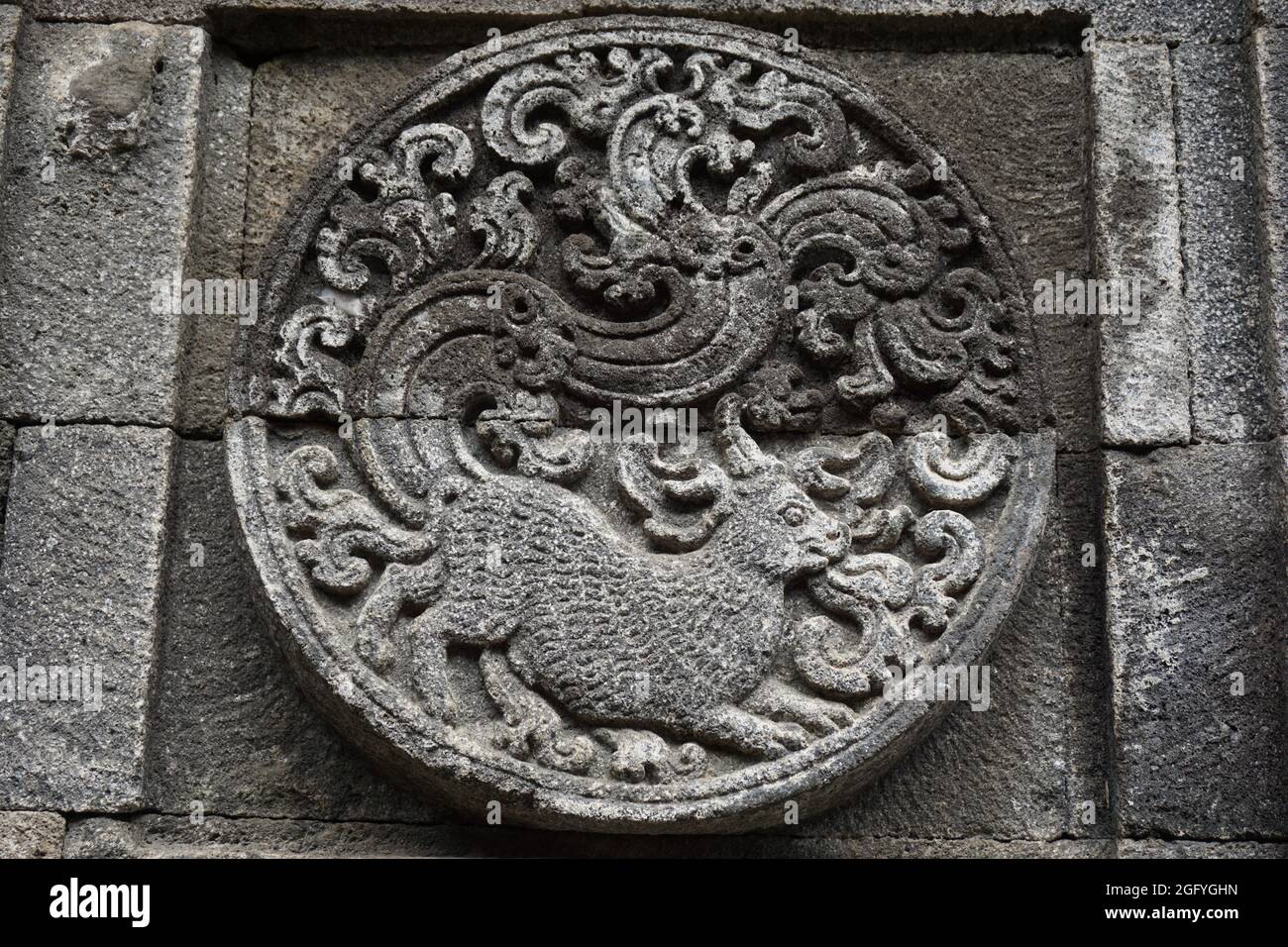Carved stone on the stone penataran temple (panataran temple), Blitar ...