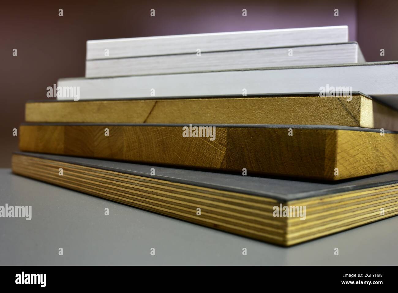 Samples of solid wood, wooden furniture MDF and fiberboards. Building ...