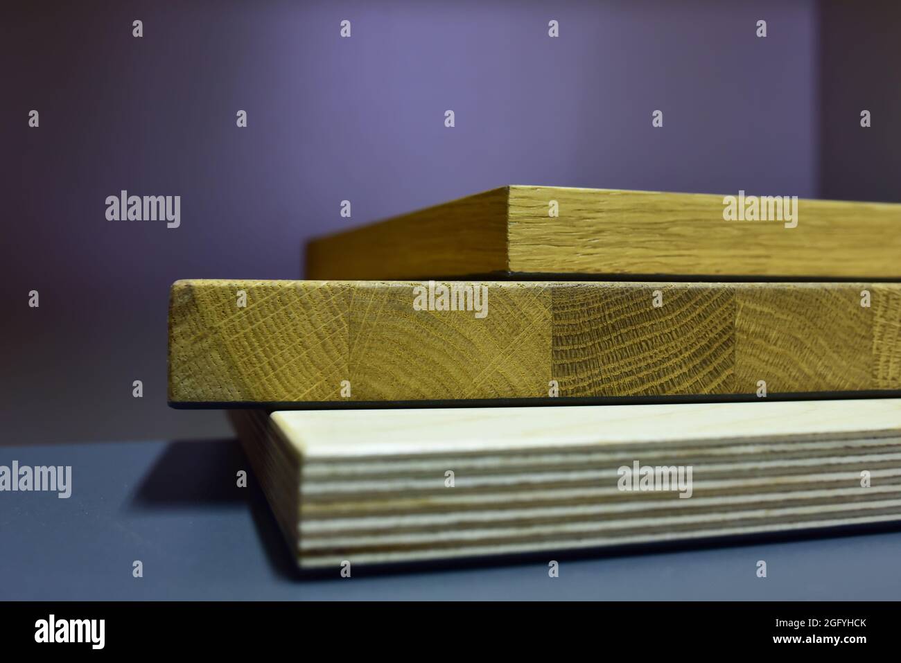 Samples of solid wood, wooden furniture MDF and fiberboards. Building ...