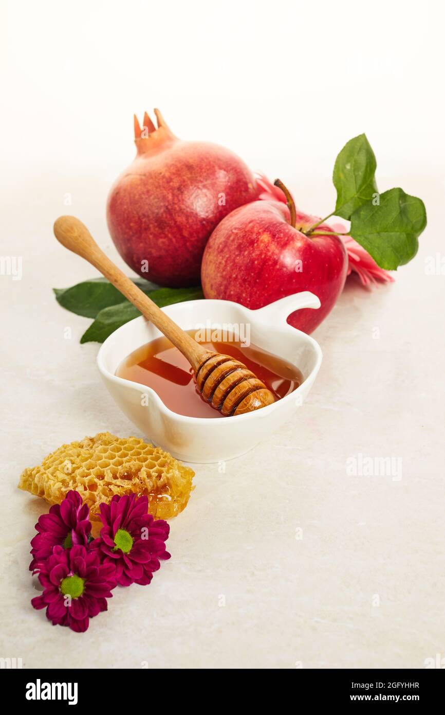 Rosh hashanah, jewish New Year holiday. Concept of traditional or religion symbols on travertine ...