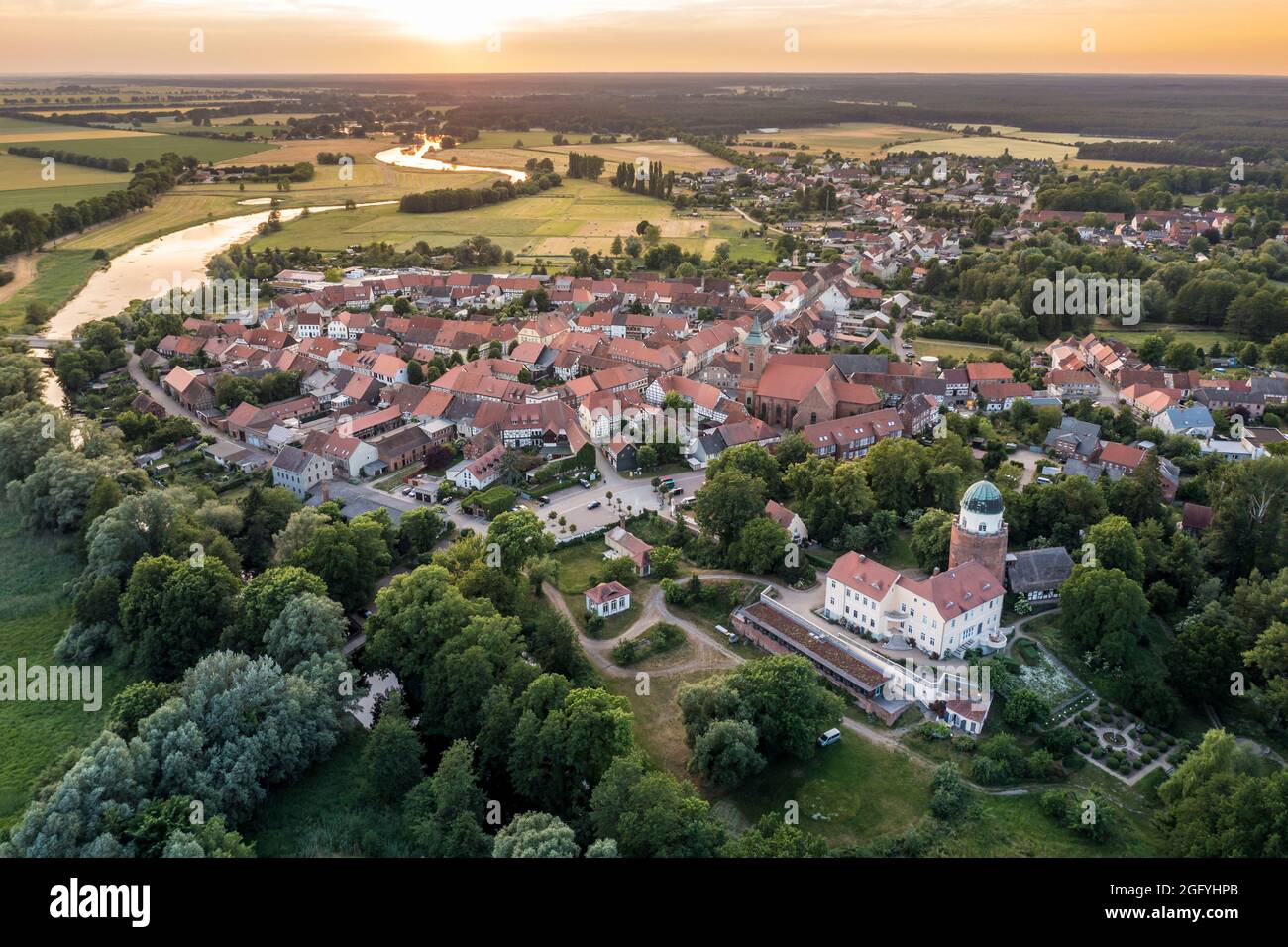 Aerial view over village Lenzen and river Loecknitz (Löcknitz) at ...