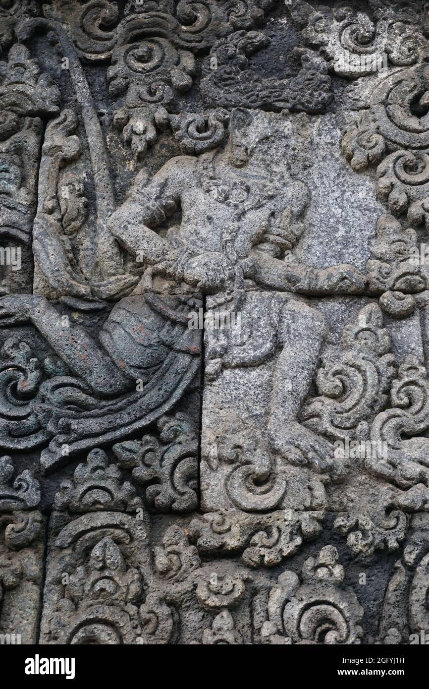 Carved stone on the stone penataran temple (panataran temple), Blitar ...