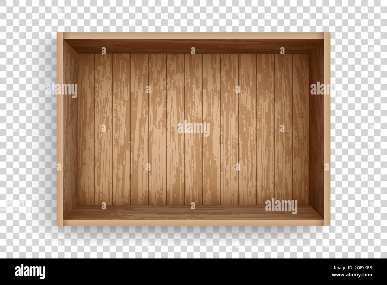 Realistic wooden box of old planks. Empty crate made of planks with top ...