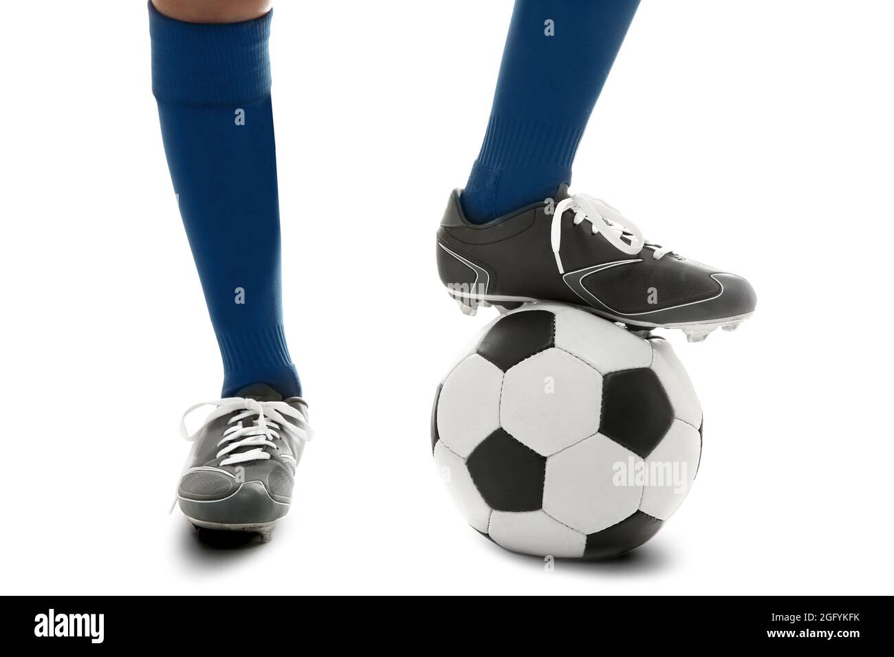 Male legs with soccer ball on white background, closeup Stock Photo - Alamy