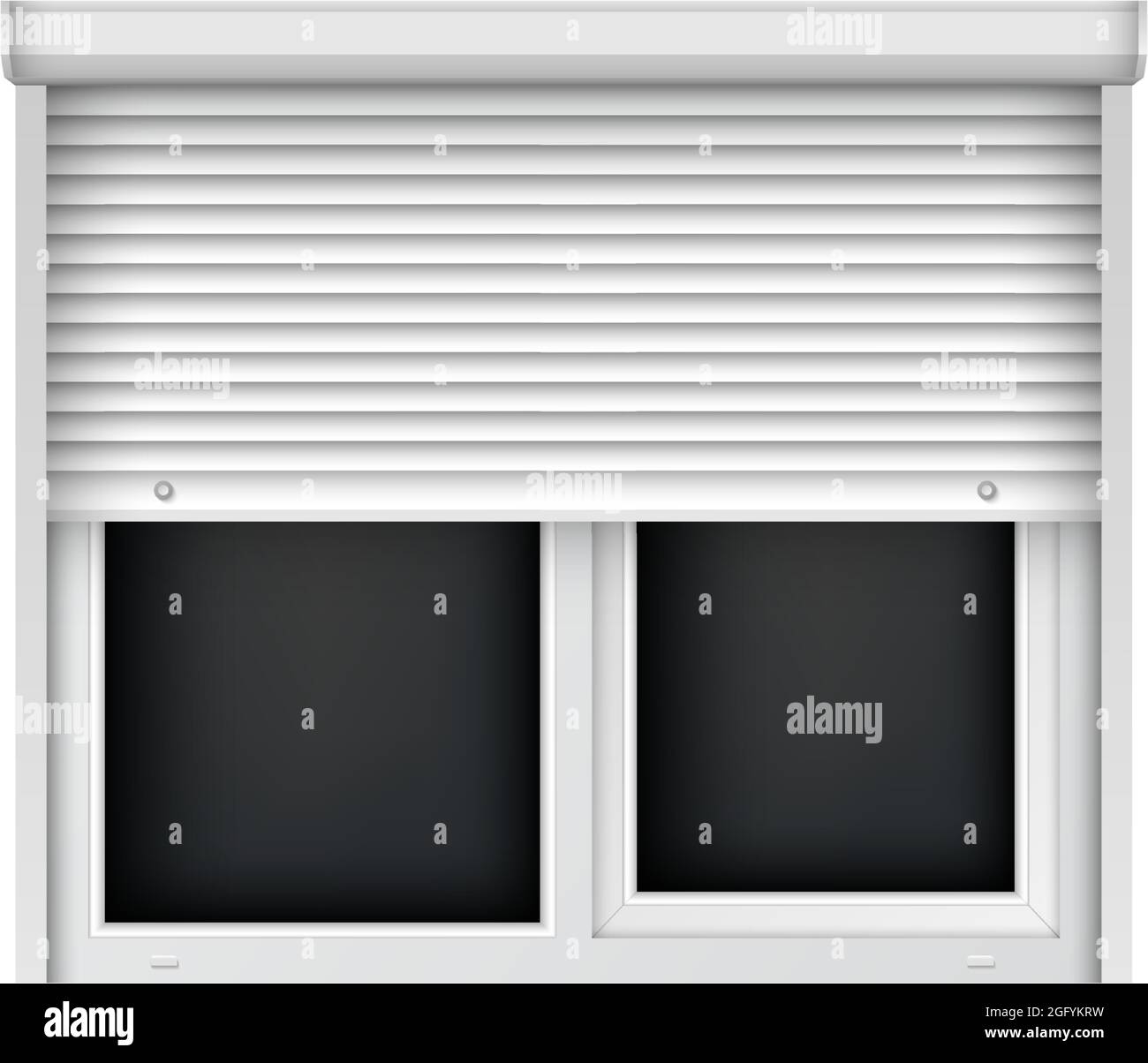 Double plastic window with half open blind. Realistic white roller ...