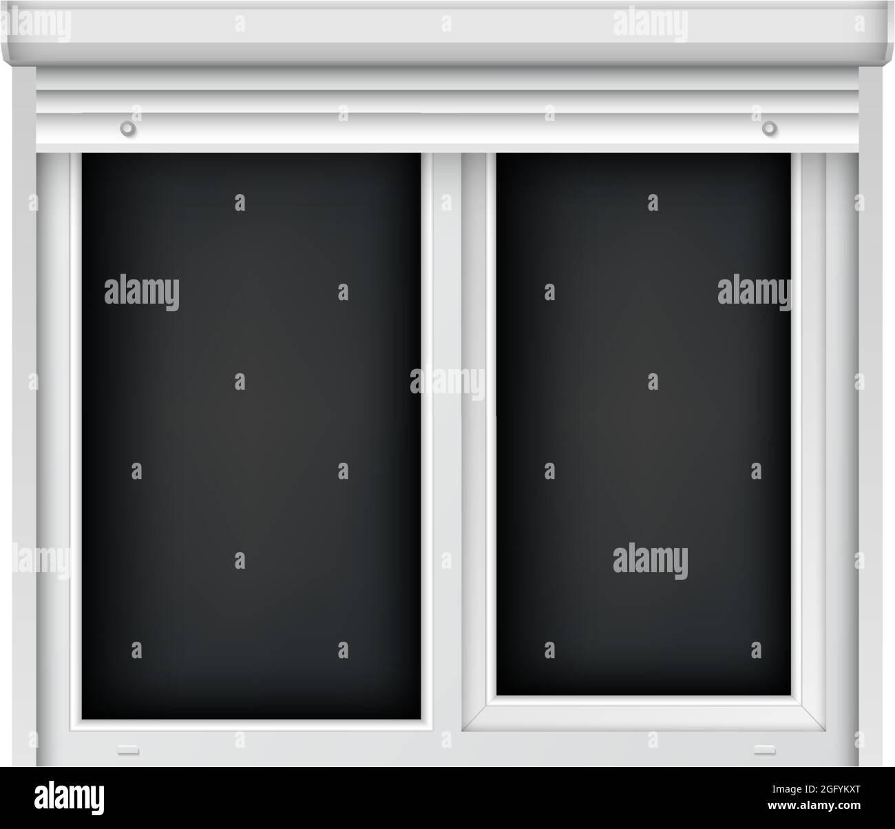 Realistic double plastic window with open blind. White roller shutter ...