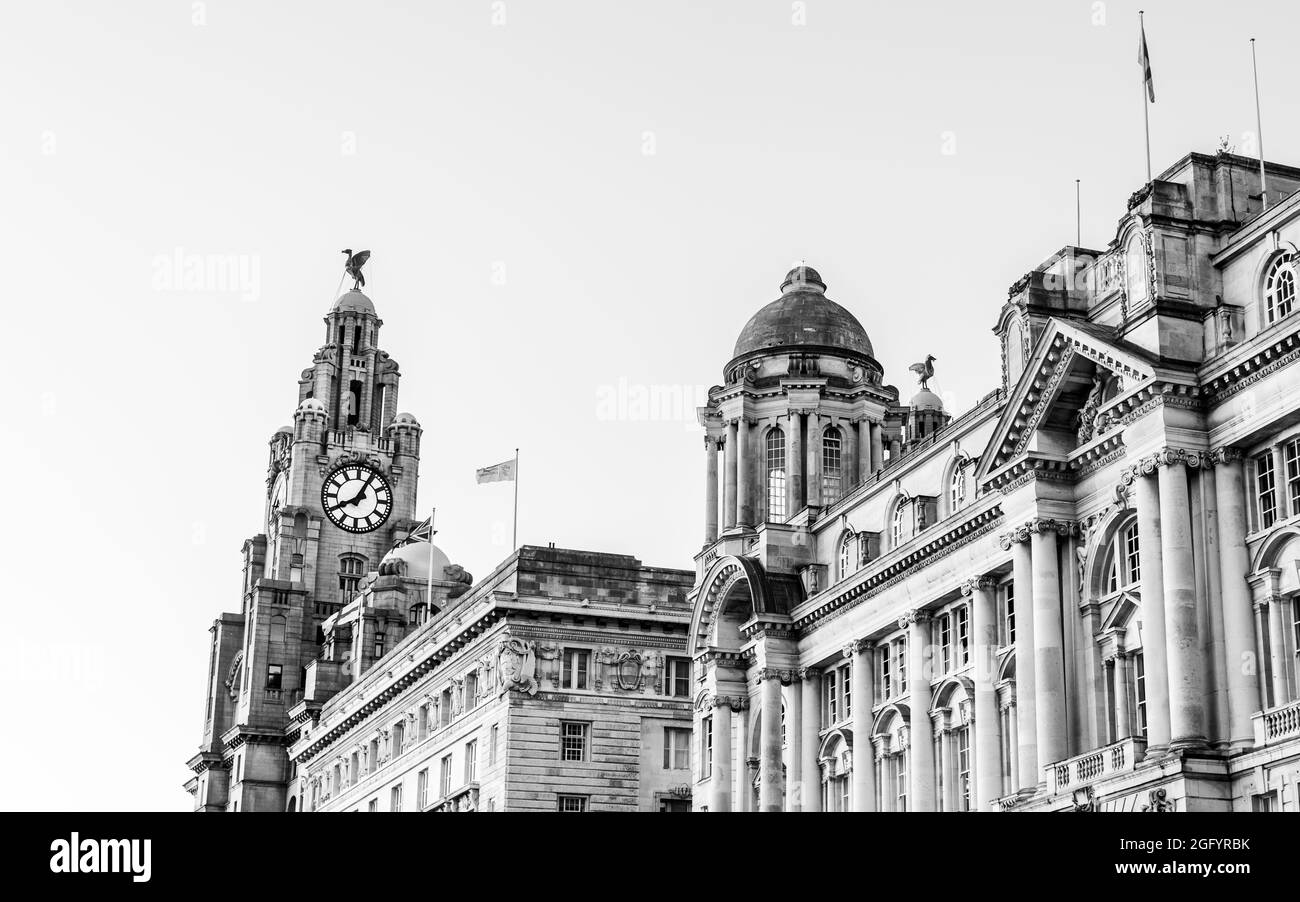 Liverpool waterfront with union jack flag Black and White Stock Photos ...