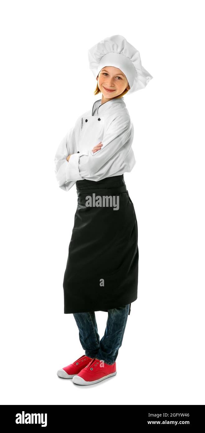 Cute girl in chef uniform on white background Stock Photo - Alamy