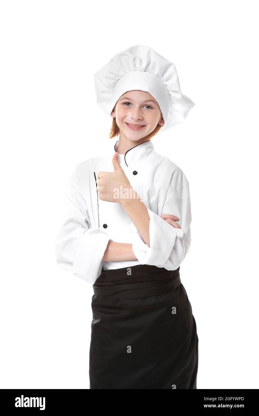Cute girl in chef uniform on white background Stock Photo - Alamy