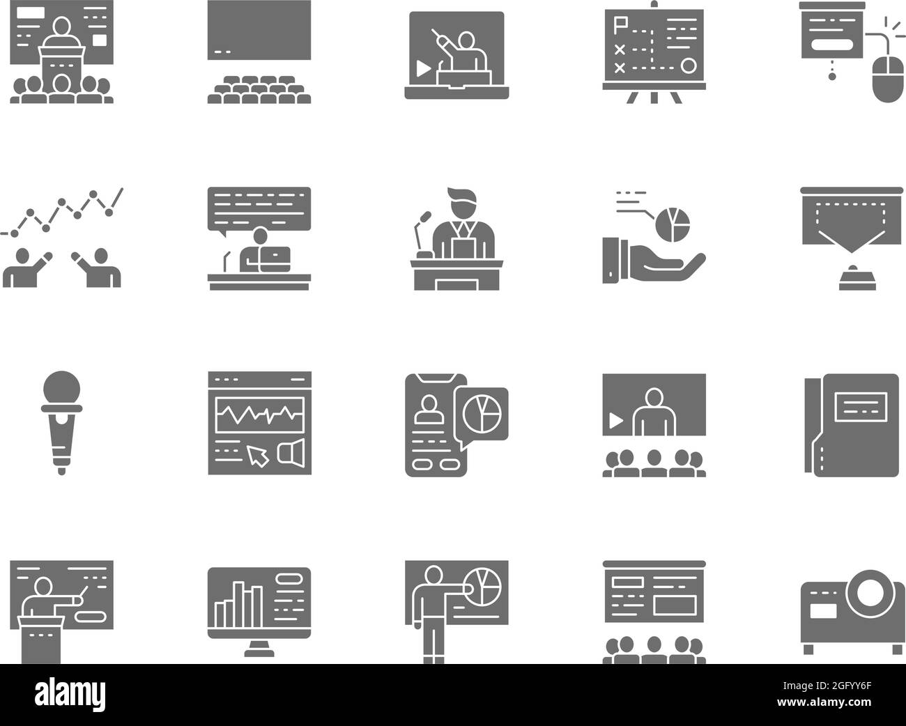 Set of Business Presentation Grey Icons. Assembly Hall, Microphone ...