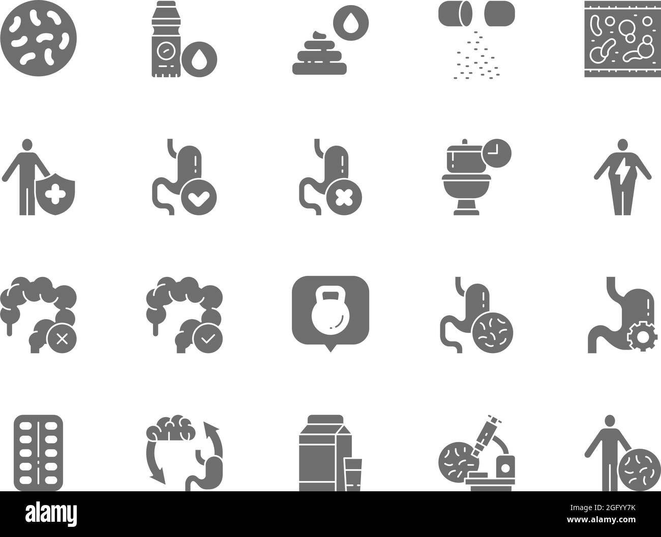 Set of Probiotic Grey Icons. Lactobacilli, Bifidobacteria, Vitamins and ...