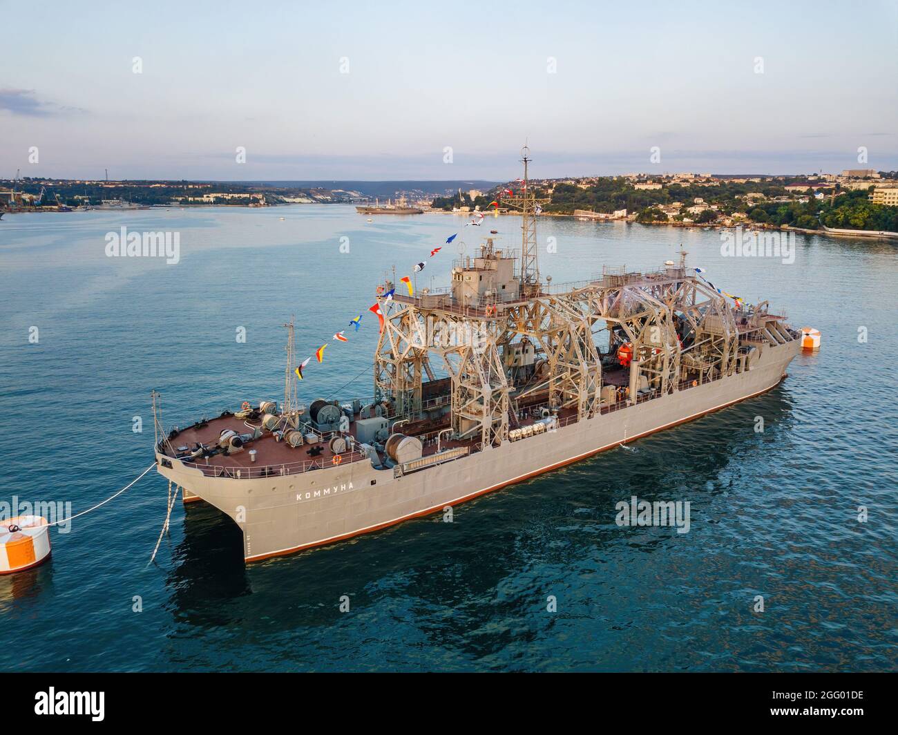 Russian military ship in Sevastopol bay at Navy day, aerial view Stock ...