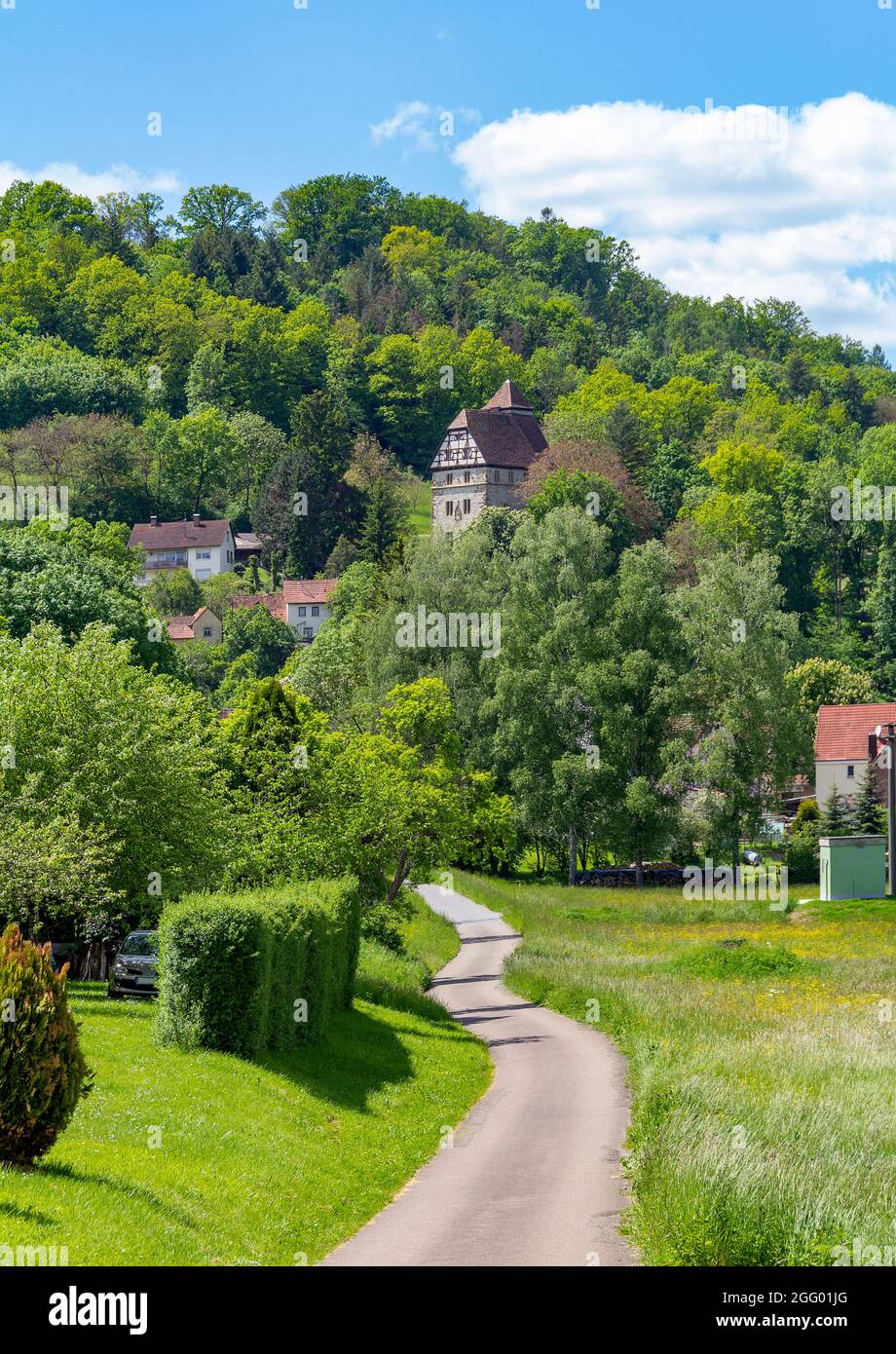 Sunny scenery including a small castle around Buchenbach in Hohenlohe ...