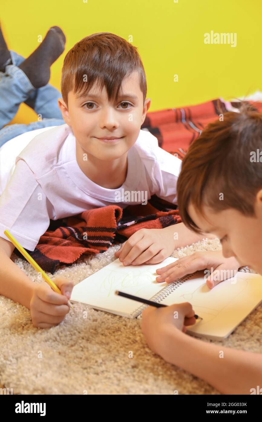 Twin brothers drawing in notebook on floor Stock Photo - Alamy