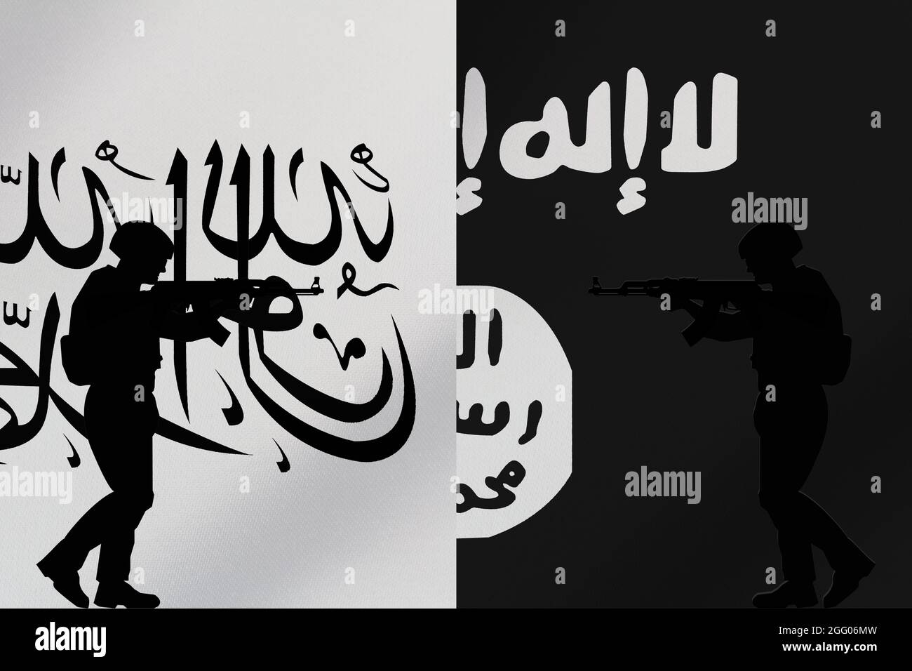 Soldier or police in combat position with rifle with ISIS ISIS-K ...