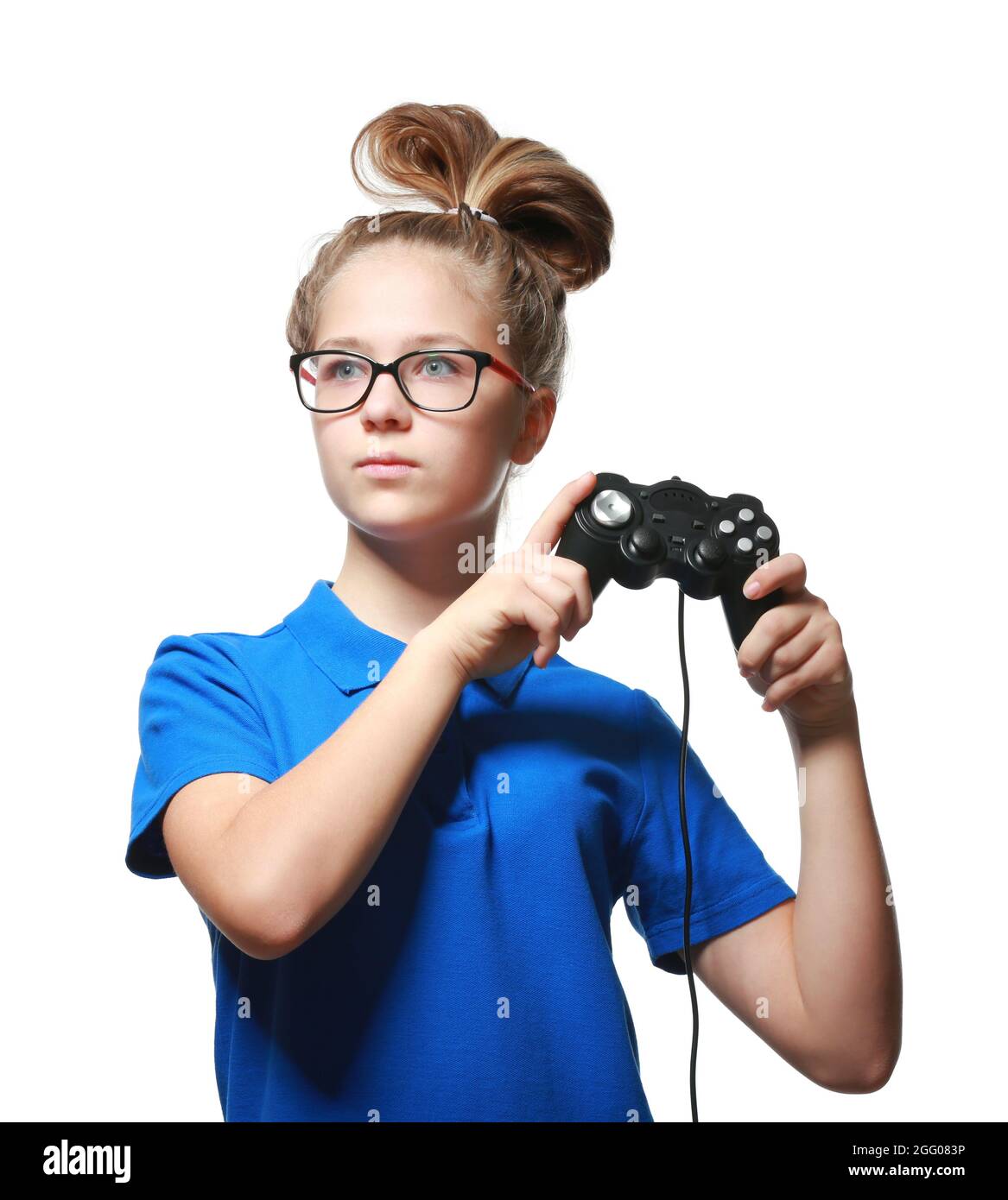 Pretty teenager with game controller on white background Stock Photo ...