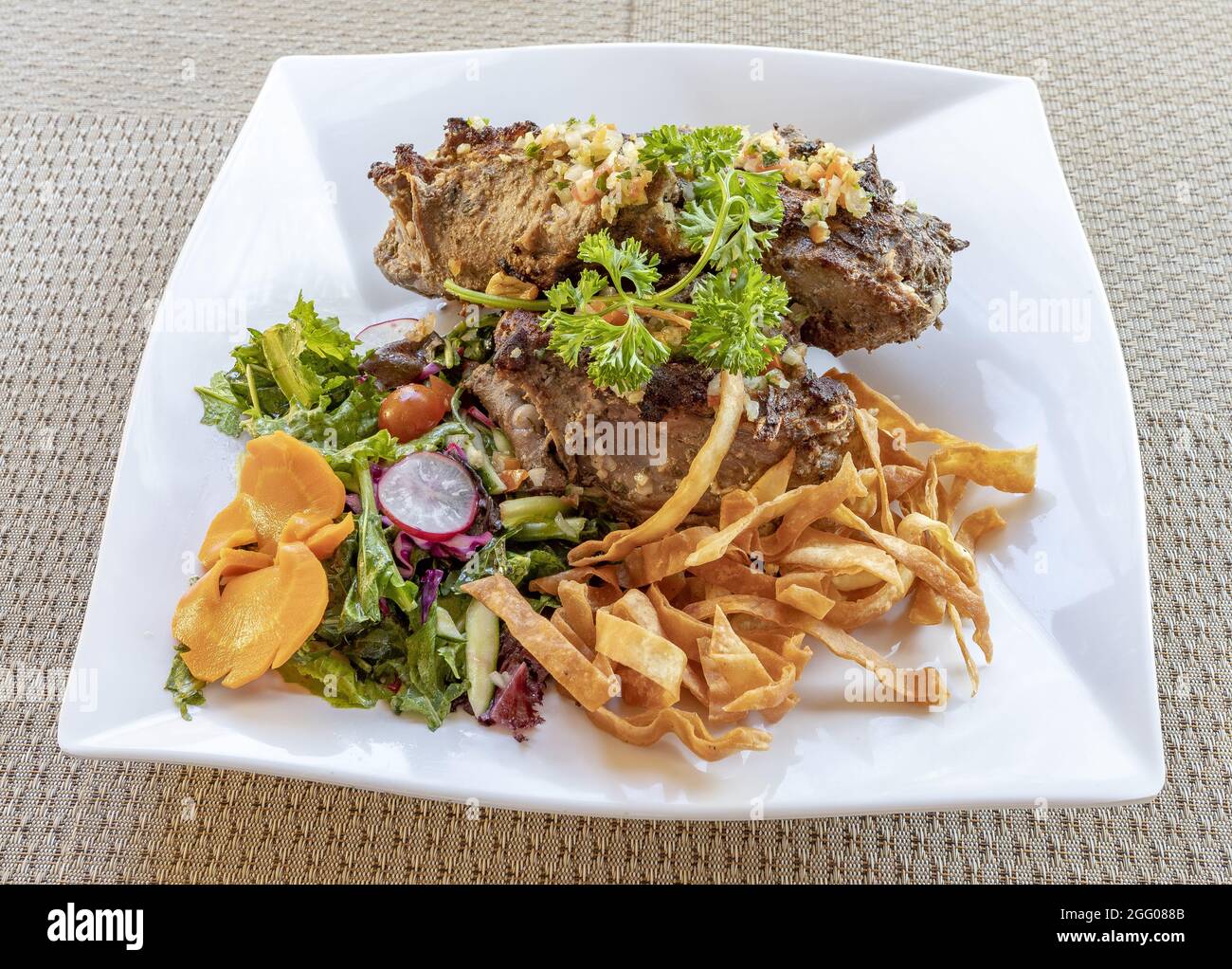 Closeup of a complete meal on a plate with protein, carbohydrates and ...