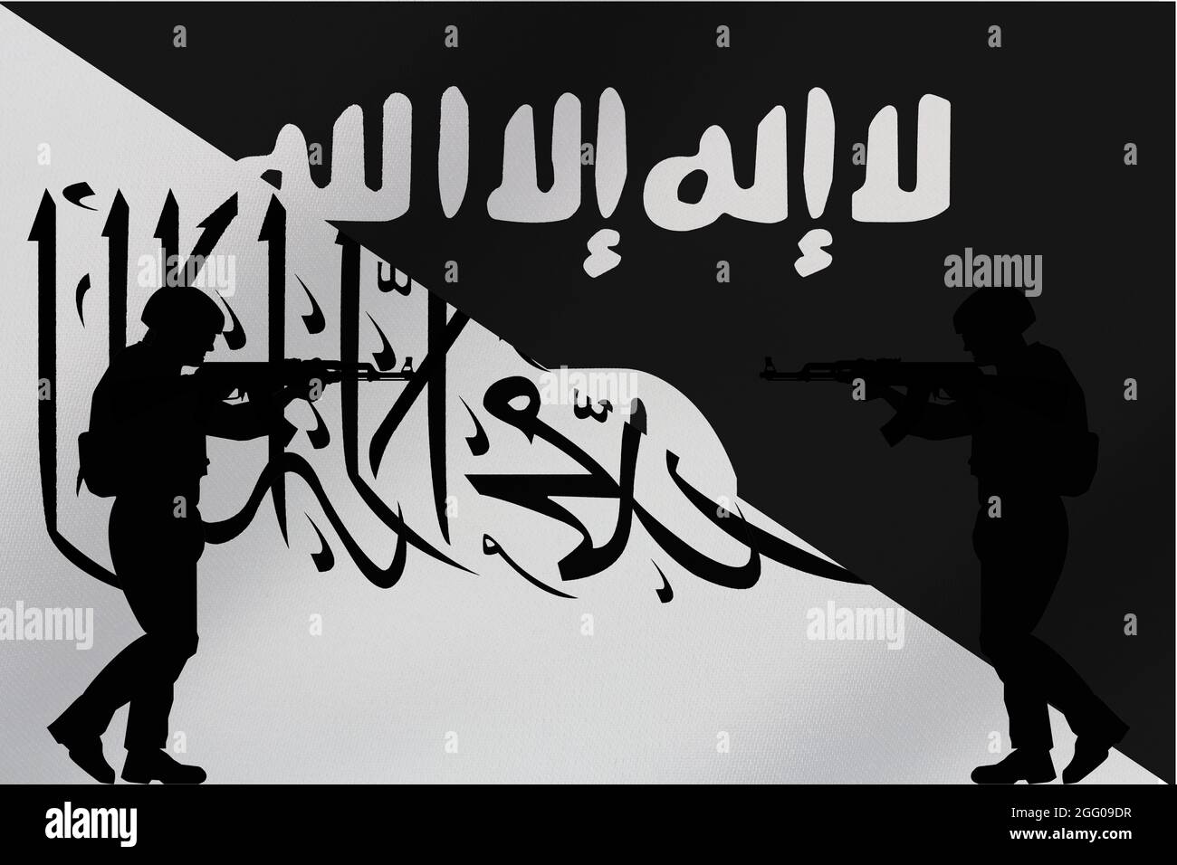 Soldier or police in combat position with rifle with ISIS ISIS-K ...