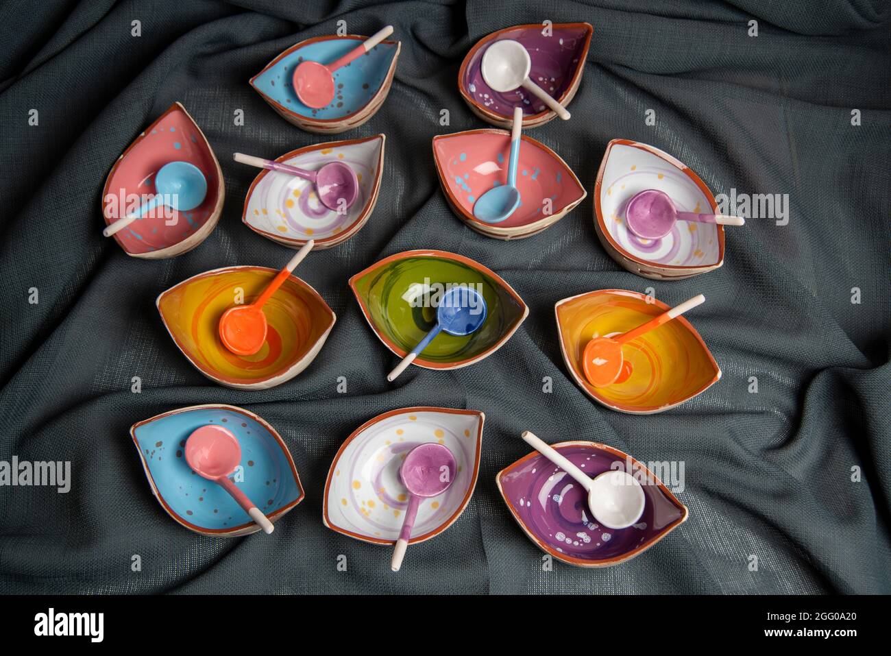 colorful handmade ceramic bowls in the kitchen Stock Photo - Alamy