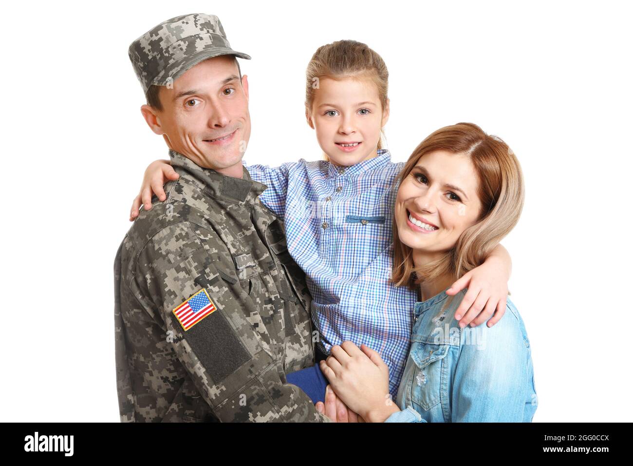 Happy soldier with his family on white background Stock Photo - Alamy