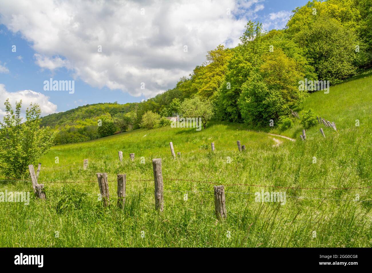 Sunny idyllic spring time scenery around Jagst valley in Hohenlohe, a ...