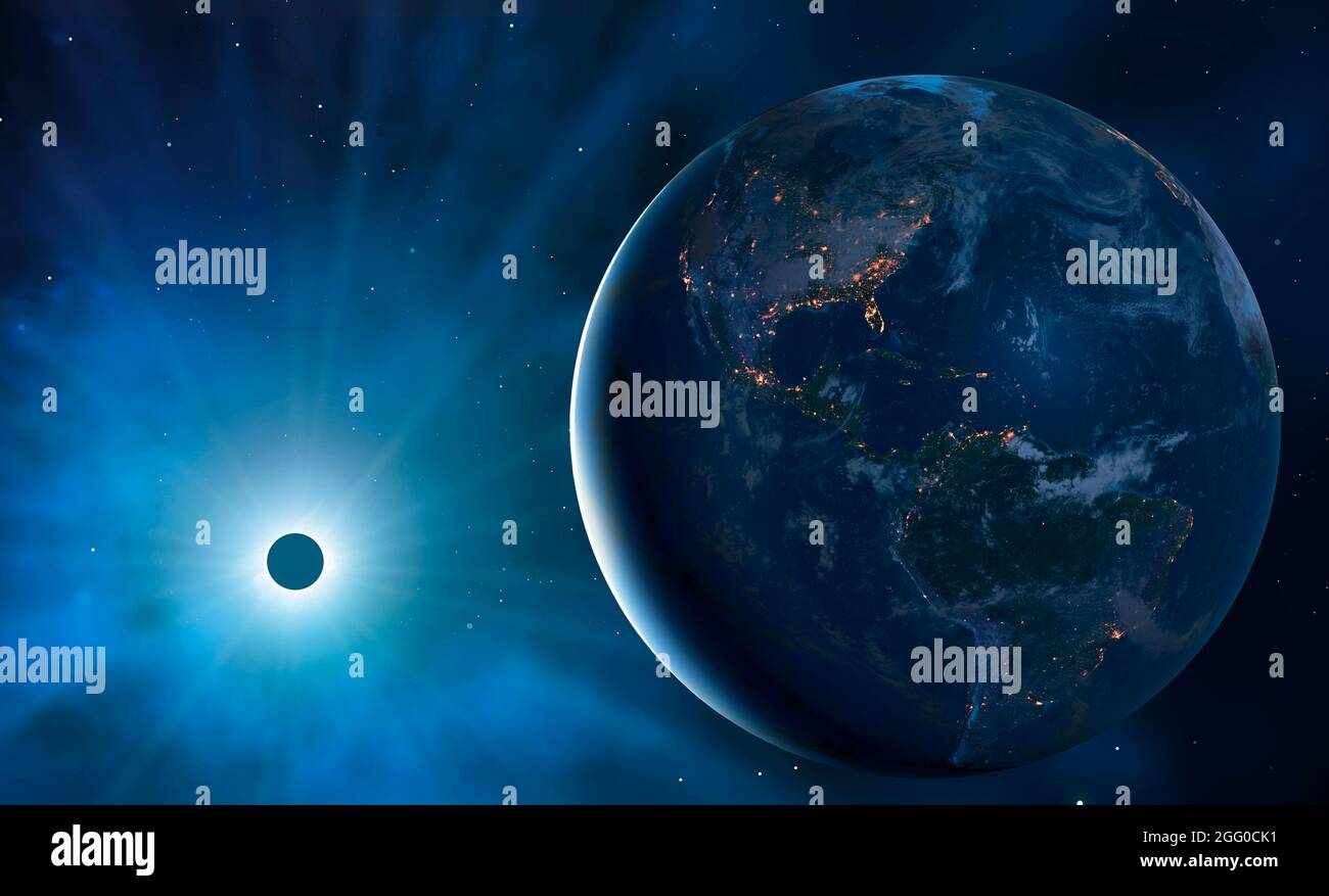 Illustration of the Earth from space during a solar eclipse, showing a ...