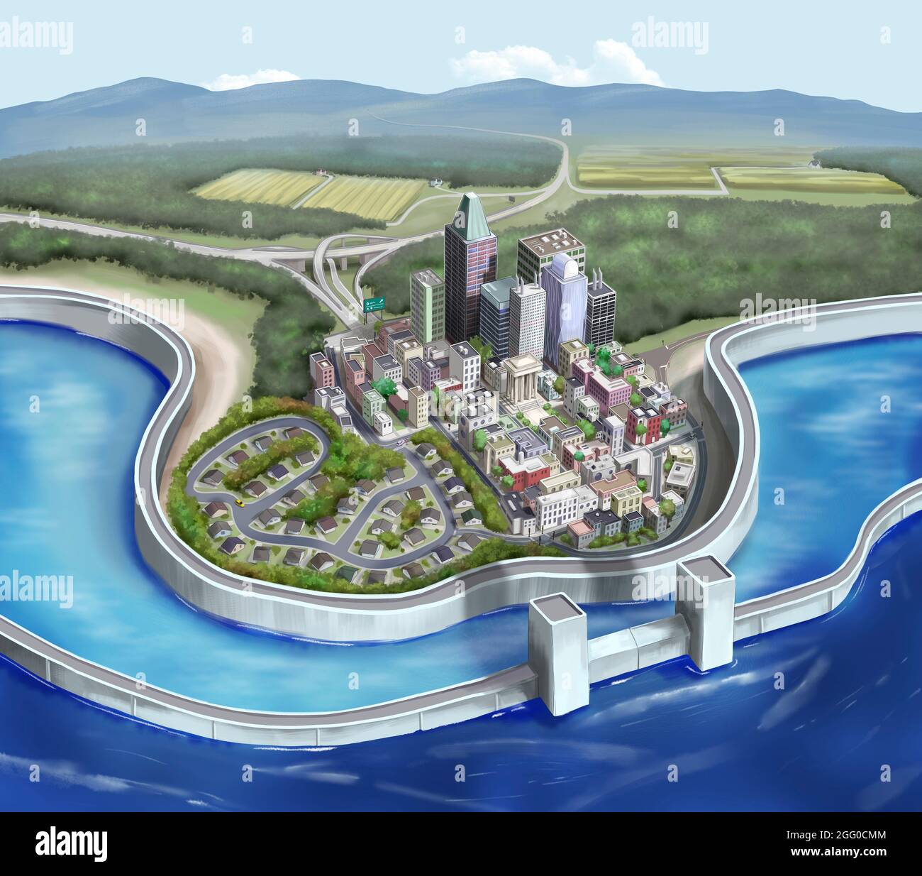 Conceptual illustration of a city that has built a wall around it in ...