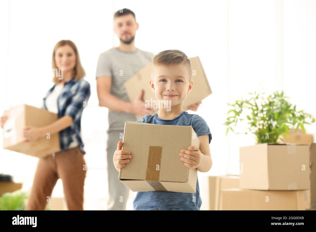 Happy boy with box on blurred background. Moving concept Stock Photo ...