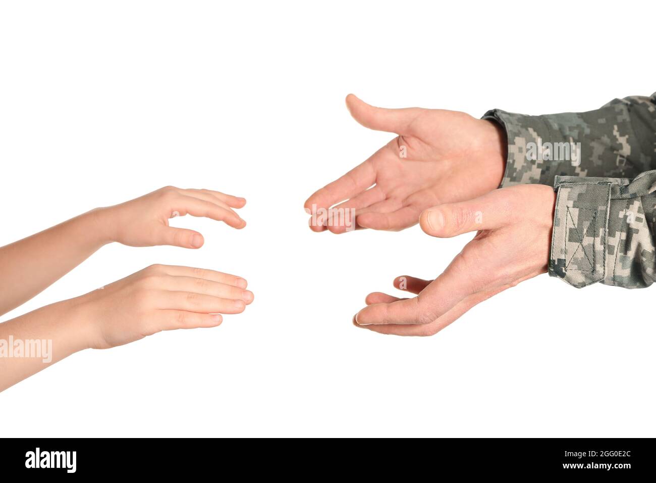 Hands of soldier and child on white background Stock Photo - Alamy