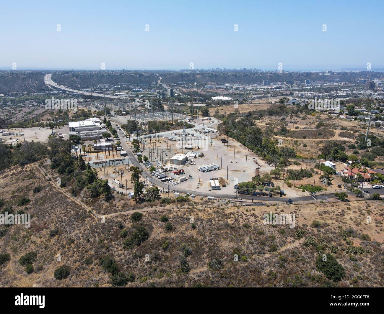 Aerial view of of small trails in the valley of Mission City and Serra ...