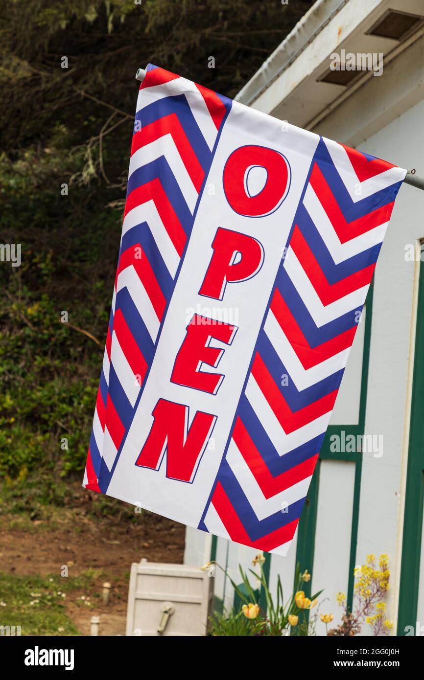 Blue white open sign hanging hi-res stock photography and images - Alamy