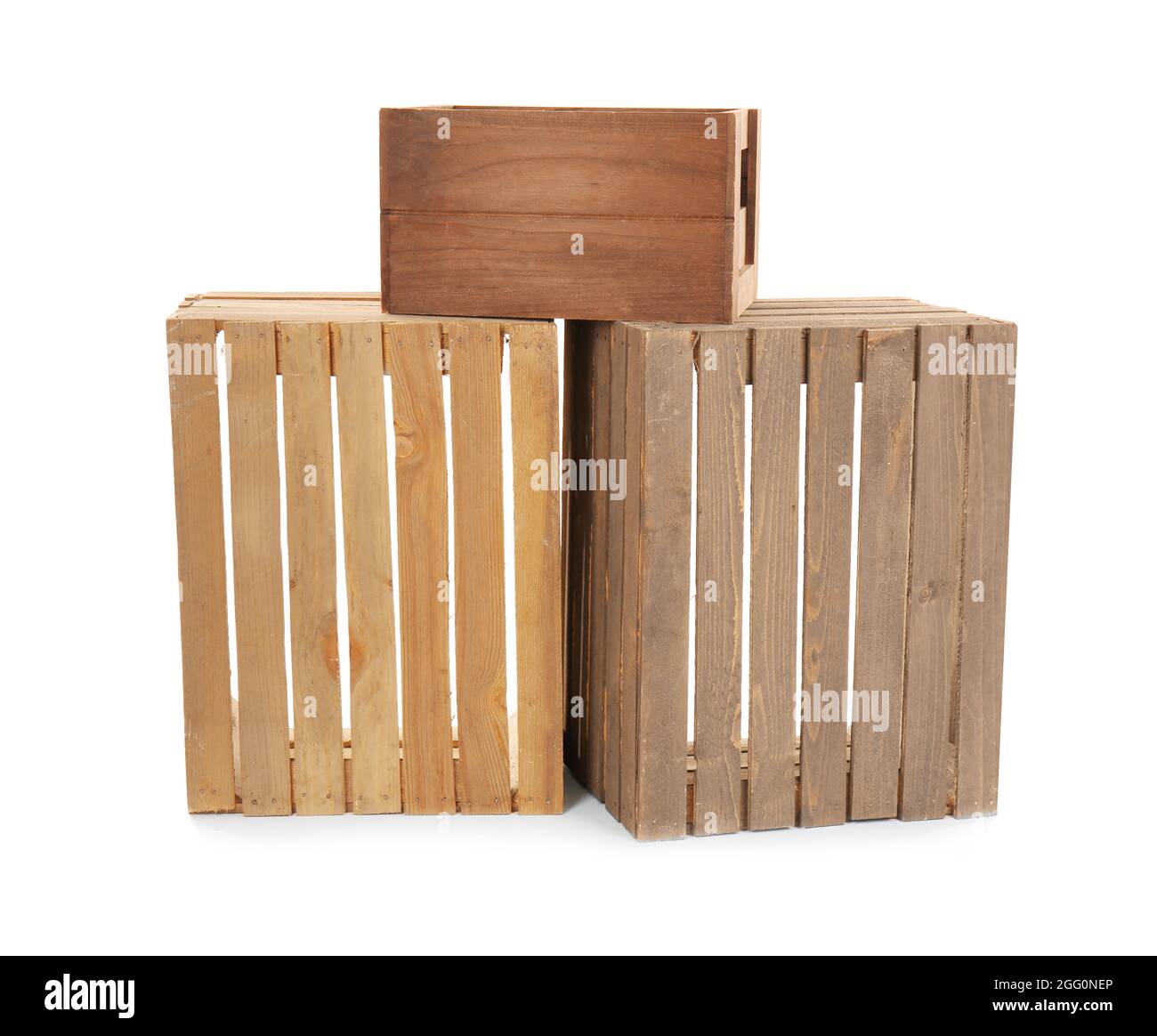 Set of empty wooden boxes on white background Stock Photo - Alamy