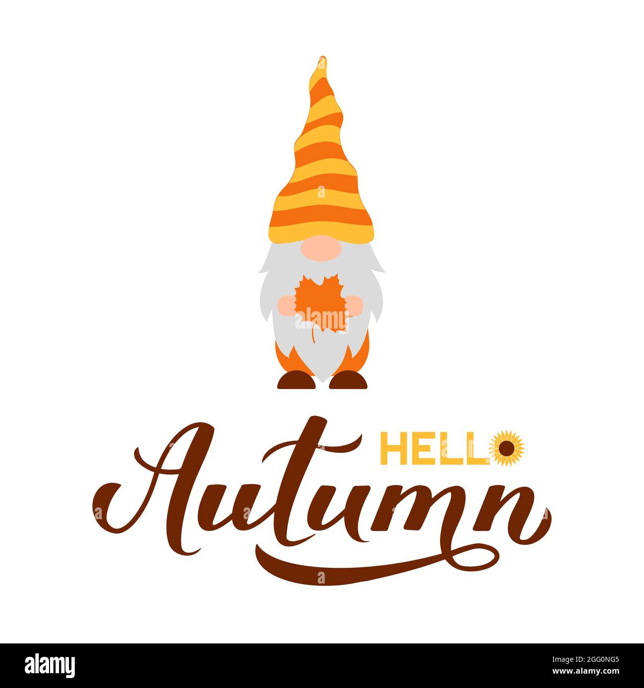 Gnome holding fall maple leaf. Hello Autumn quote lettering. Cute ...